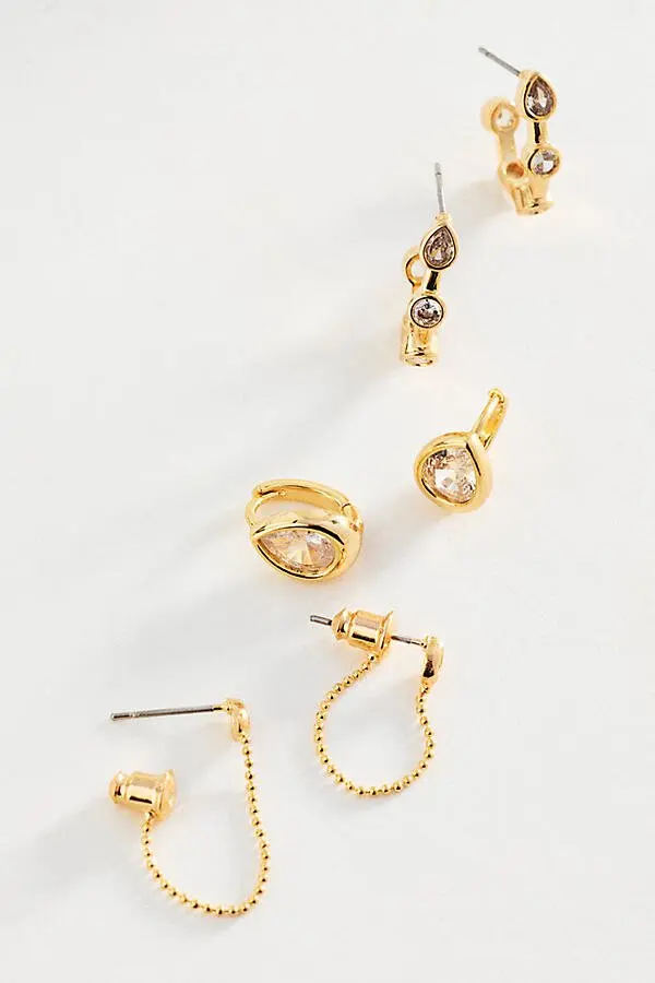 Anthropologie Petit Crystal Earring Set Of 3 - Gold