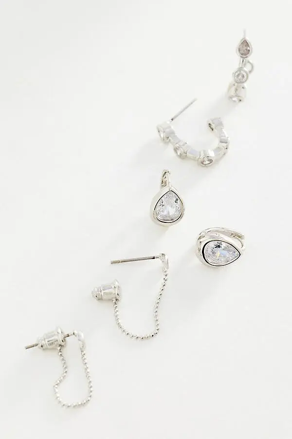 Anthropologie Petit Crystal Earring Set Of 3 - Silver