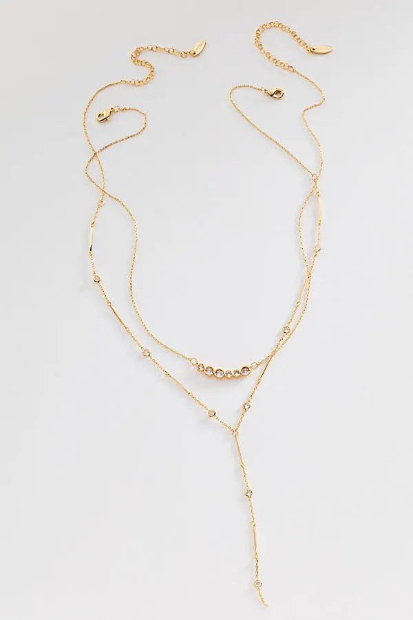 Anthropologie Bezel Crystal Layered Chain Necklaces Set - Gold
