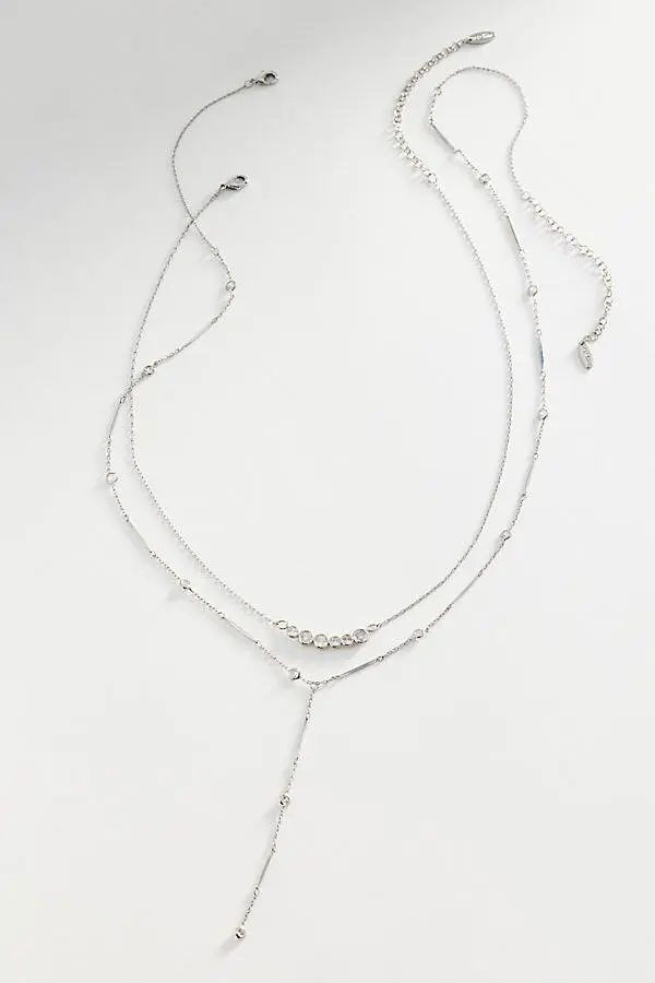 Anthropologie Bezel Crystal Layered Chain Necklace Set - Silver