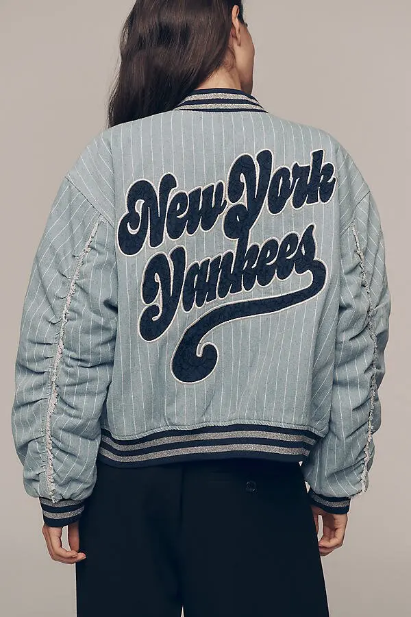THE WILD COLLECTIVE Denim Varsity Bomber Jacket