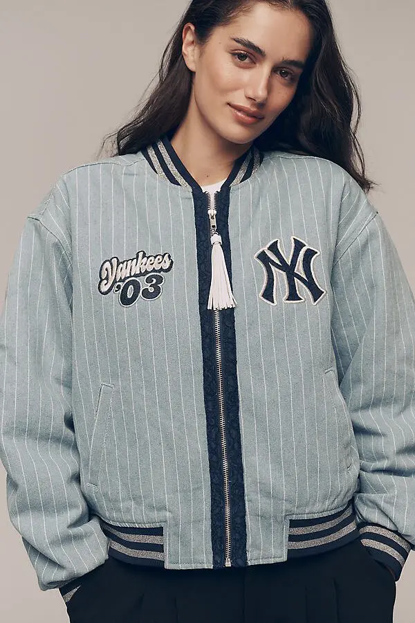 THE WILD COLLECTIVE Denim Varsity Bomber Jacket