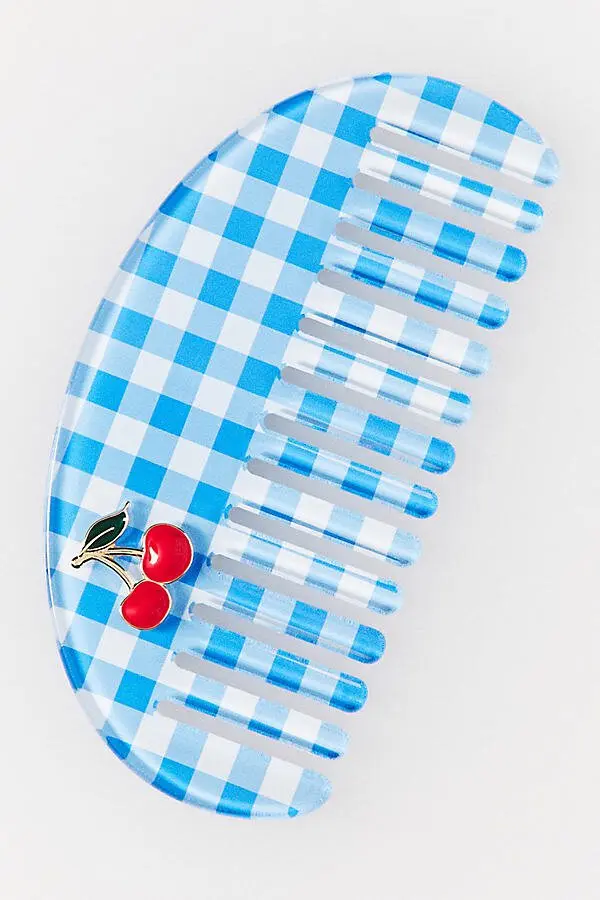 Anthropologie Picnic Collection Gingham Comb With Cherry Gem - Blue Pattern