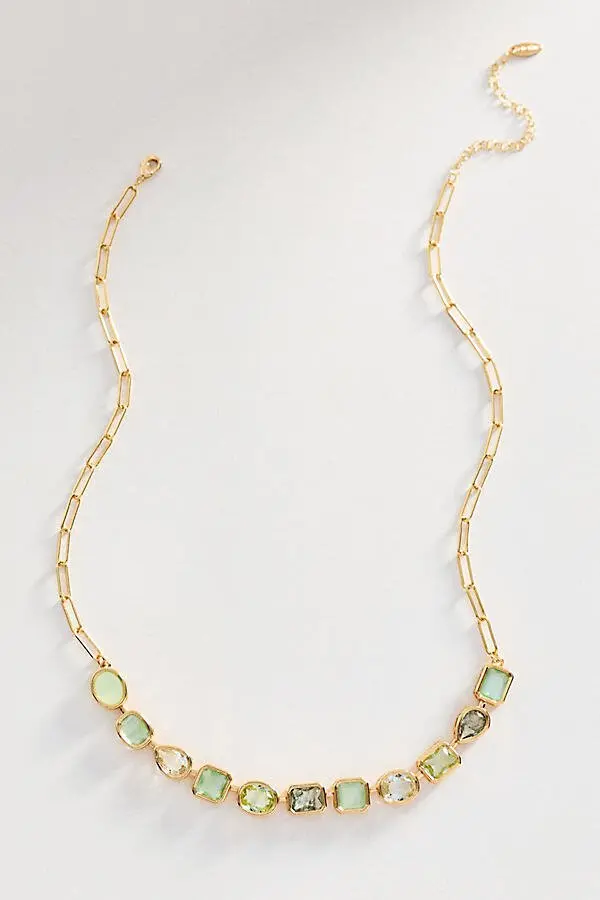 Anthropologie Mixed Crystal Paperclip Chain Necklace - Green