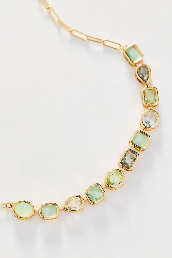Anthropologie Mixed Crystal Paperclip Chain Necklace - Green