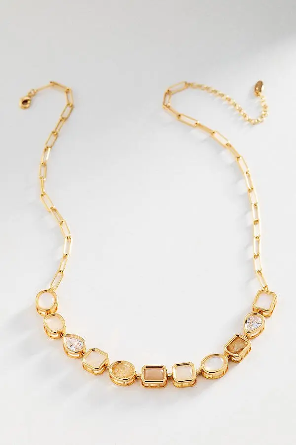 Anthropologie Mixed Crystal Paperclip Chain Necklace - Neutral