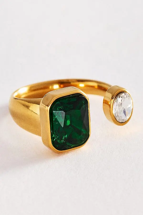 Anthropologie Deux Crystal Open Ring - Emerald Green