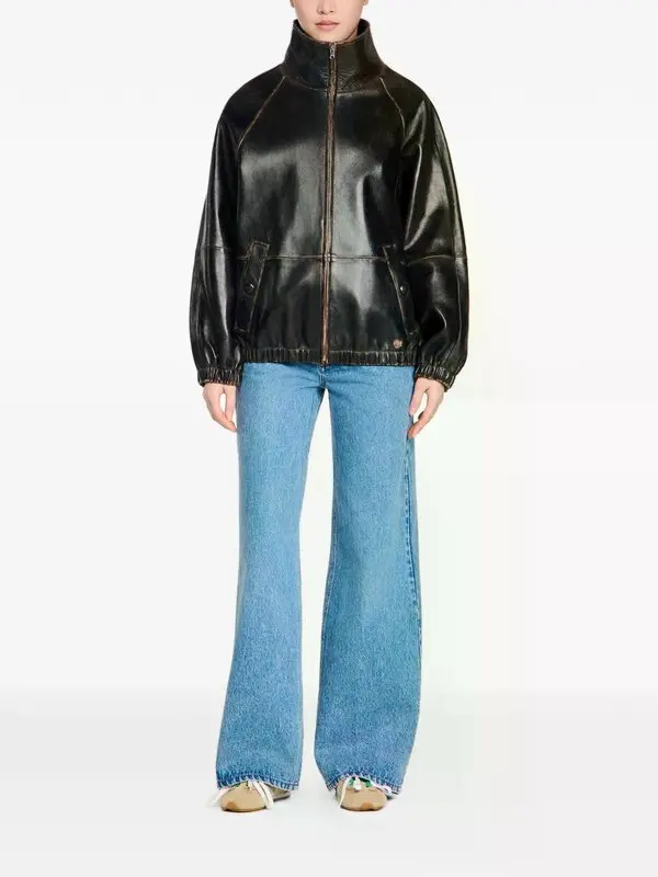 Sandro Distressed Leather Bomber Jacket