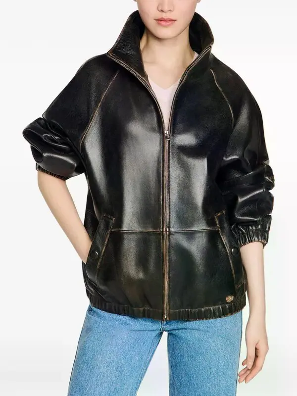 Sandro Distressed Leather Bomber Jacket