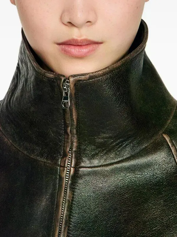 Sandro Distressed Leather Bomber Jacket