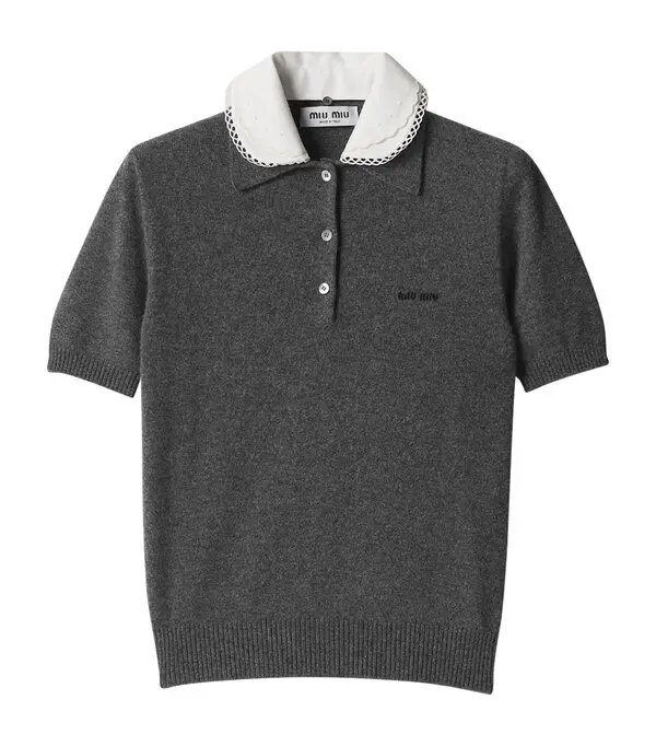 Miu Miu Cashmere Polo Sweater With Detachable Embroidered Collar - Grey