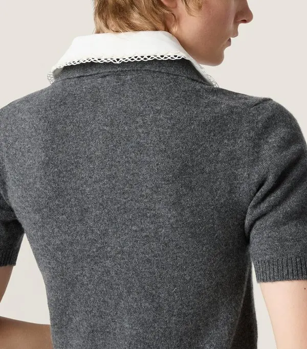 Miu Miu Cashmere Polo Sweater With Detachable Embroidered Collar - Grey