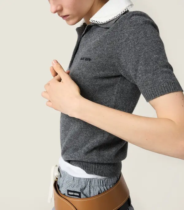 Miu Miu Cashmere Polo Sweater With Detachable Embroidered Collar - Grey