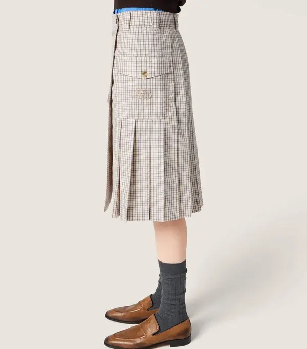 Miu Miu Pleated Check Midi Skirt
