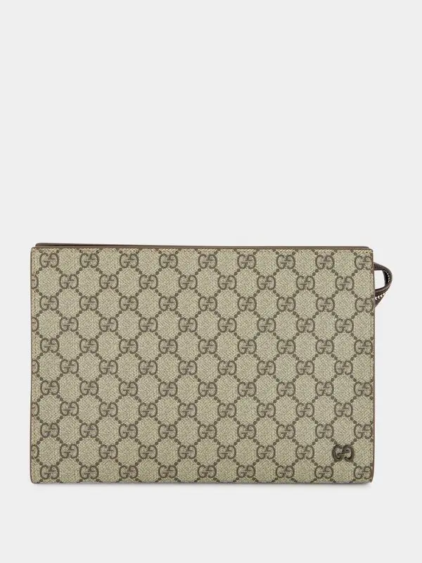 Gucci Gg Supreme Pouch With Leather Trim - Beige