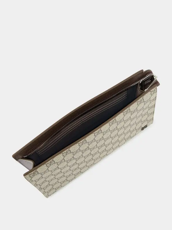 Gucci Gg Supreme Pouch With Leather Trim - Beige