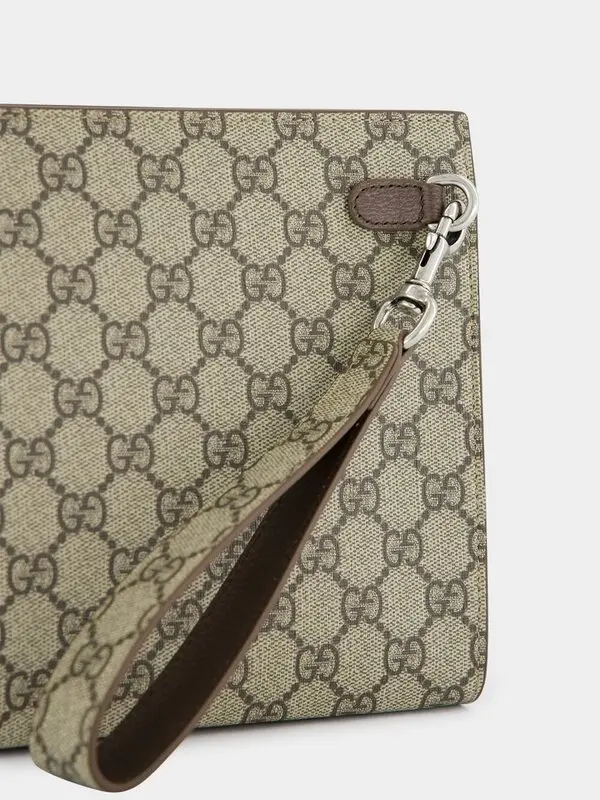 Gucci Gg Supreme Pouch With Leather Trim - Beige