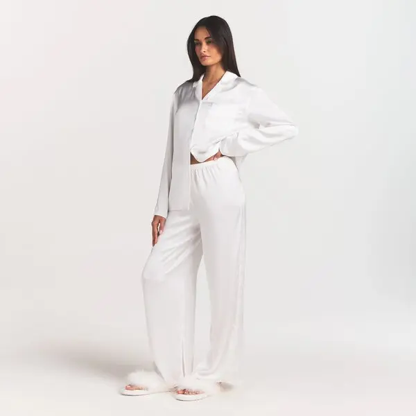 SKIMS Long Pajama Set | White | | Woven Shine - Ivory