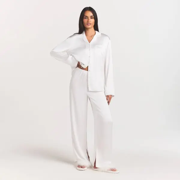 SKIMS Long Pajama Set | White | Large | Woven Shine