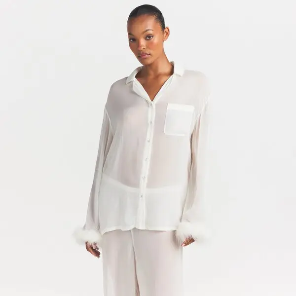 SKIMS Bridal Sleep Feather Trim Long Set | White | Small - Ivory