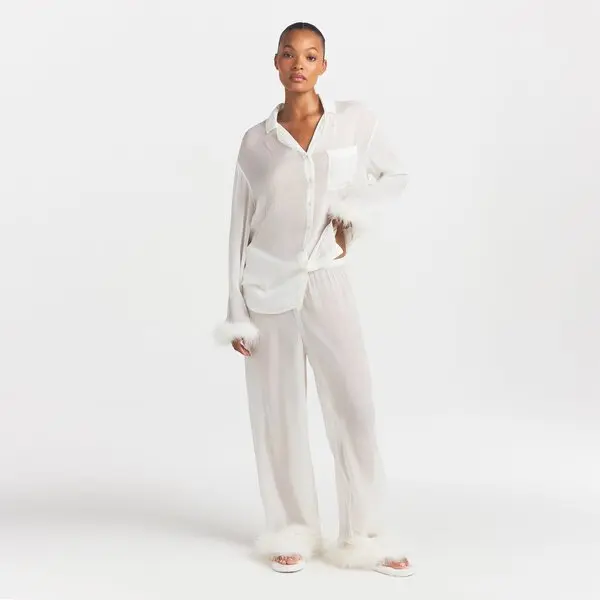 SKIMS Bridal Sleep Feather Trim Long Set | White | Small - Ivory