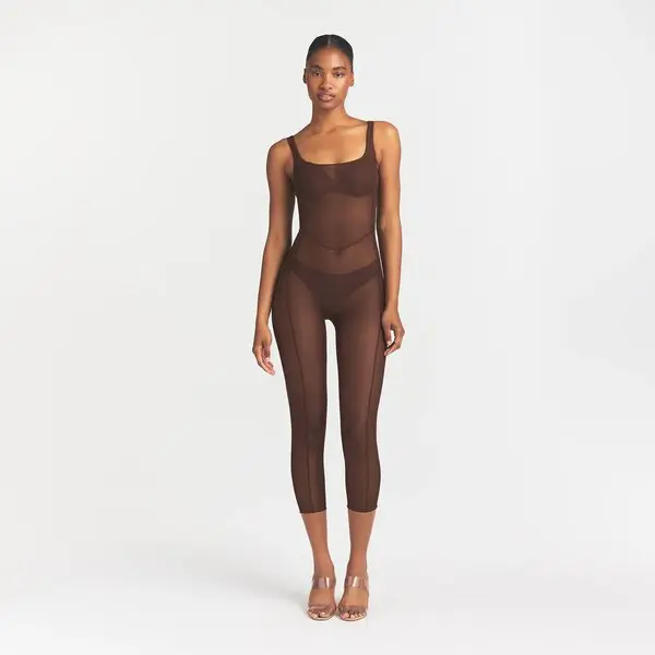 SKIMS Power Mesh Shapewear Cropped Catsuit - Cocoa