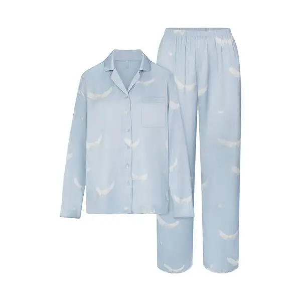 SKIMS Long Pajama Set | Blue | | Woven Shine - Aero Wing Hearts Print