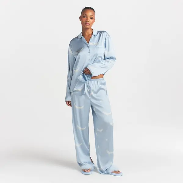 SKIMS Long Pajama Set | Blue | | Woven Shine - Aero Wing Hearts Print