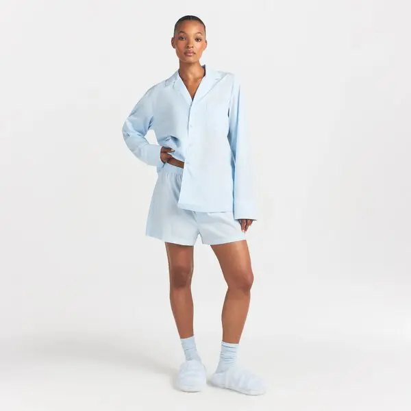 SKIMS Pajama Long Sleeve And Boxer Set | Blue | | Cotton Poplin - Baby Blue Contrast