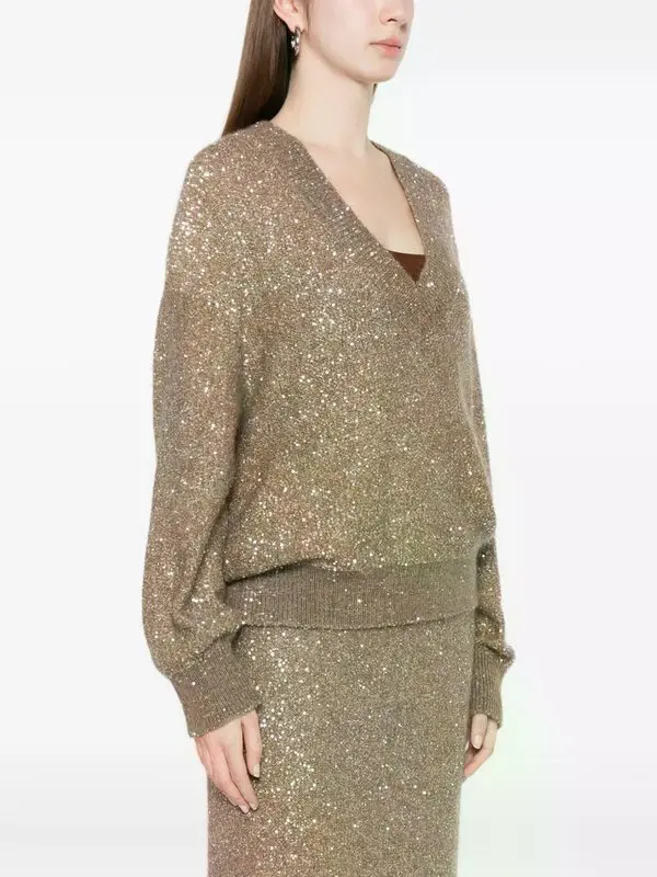 Brunello Cucinelli Sequin V-neck Sweater - Brown