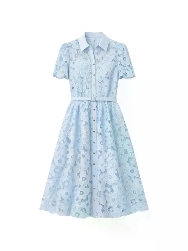 SELF-PORTRAIT Belted Floral-lace Midi Dress - Blue