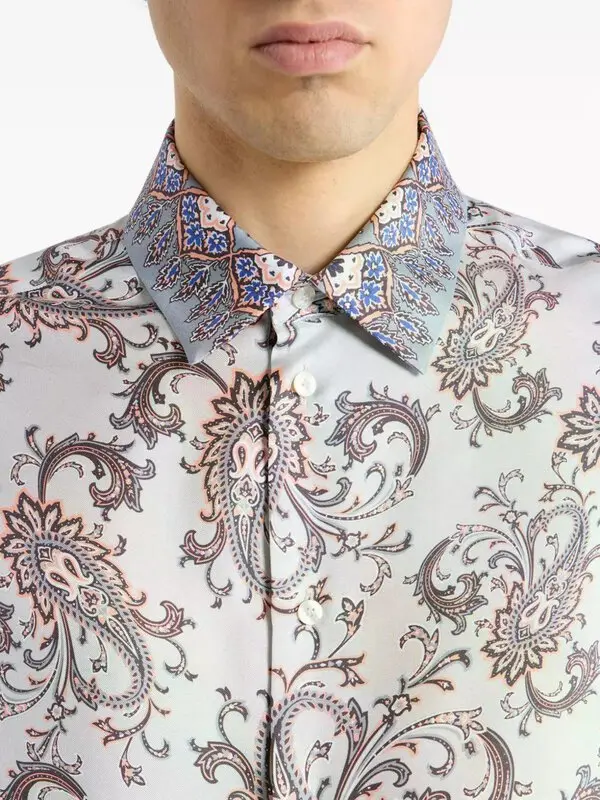Etro Silk-shirt With Placed Leafy Paisley-print - Grey