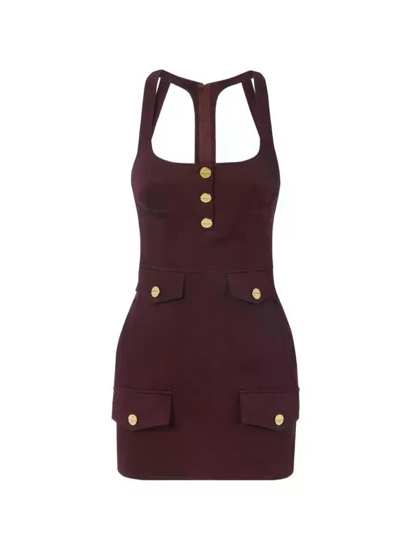 Elisabetta Franchi Sleeveless Dress With Flap Detail And Gold-tone Buttons - Brown