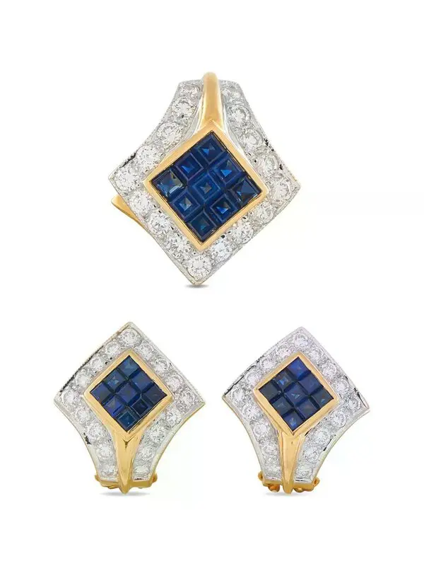 LB EXCLUSIVE Geometric Shape Diamond And Sapphire Earrings And Pendant Set - Gold