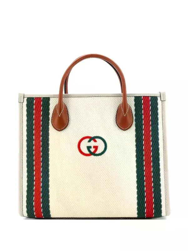 Gucci Interlocking G Web Embroidered Canvas Medium Tote - Neutrals