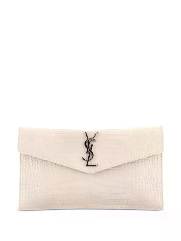 Saint Laurent Uptown Pouch Crocodile Embossed Leather Clutch - Neutrals