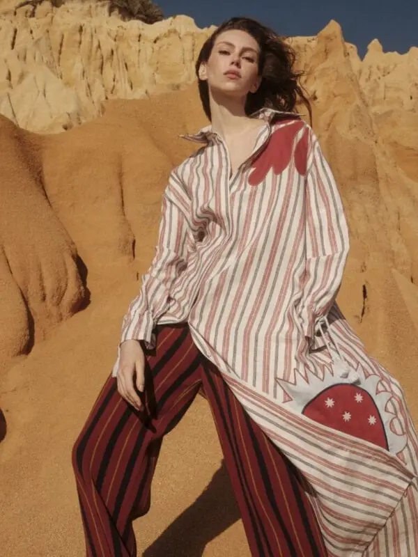 PAULA Almandine Stripes Linen Shirt Dress With Embroideries - Red