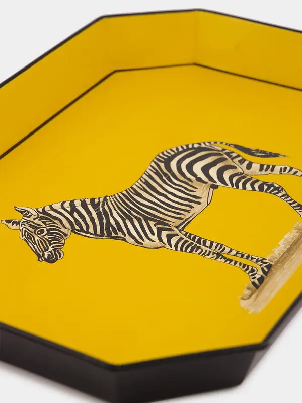 LES-OTTOMANS Handpainted Zebra Iron Tray - Yellow