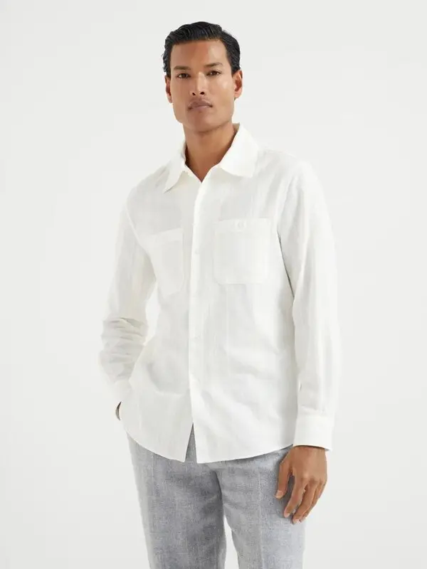 Brunello Cucinelli Tone-on-tone Jacquard Stripe Shirt With Chest Pockets - White
