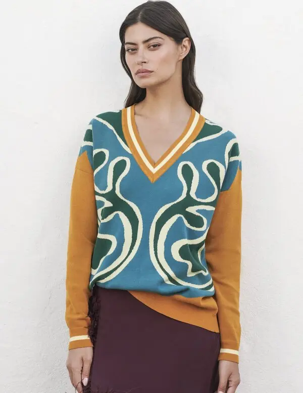PAULA Grace Jacquard V-neck Sweater - Yellow