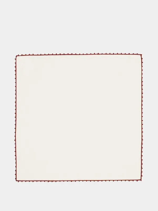 HOUSE OF CAPRICORN Hand-embroidered Teresa White Linen With Brick Crochet Napkin - Red
