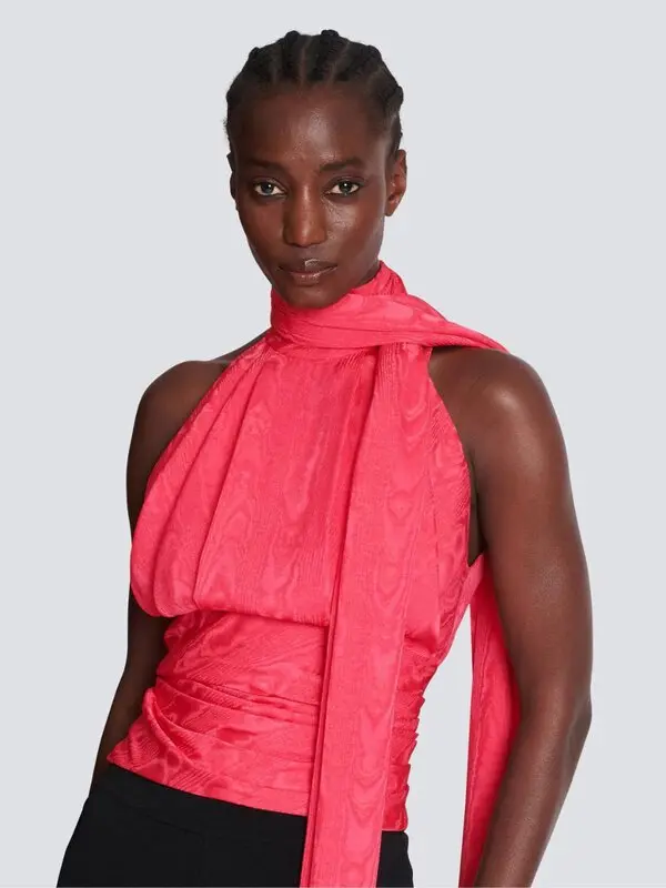 Balmain Halterneck Moiré Top - Red