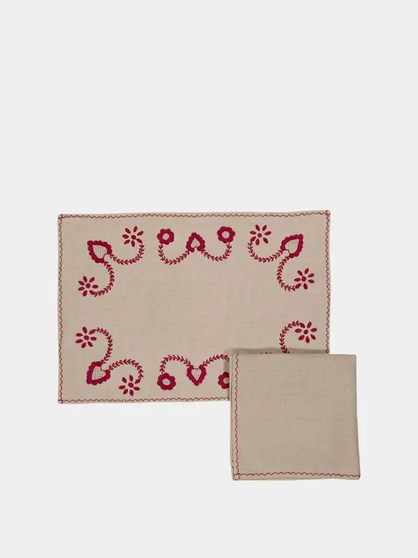 HOUSE OF CAPRICORN Hand-embroidered Viana Beige Linen With Embroidery Placemat And Napkin Set - Red