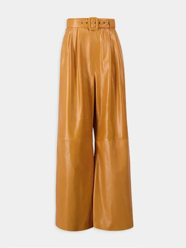 PAULA High-waist Wide Leg Leather Trousers - Yellow