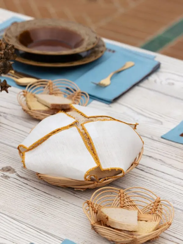 HOUSE OF CAPRICORN Hand-embroidered Linen Bread Basket Cloth - Yellow
