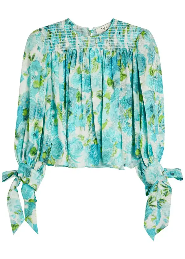 Chloé Printed Cropped Silk Blouse - Blue
