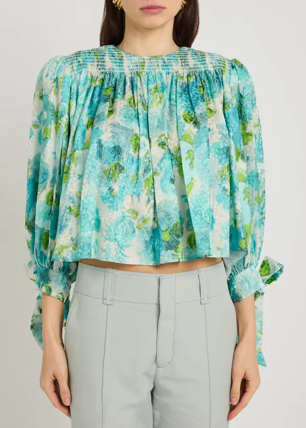 Chloé Printed Cropped Silk Blouse - Blue