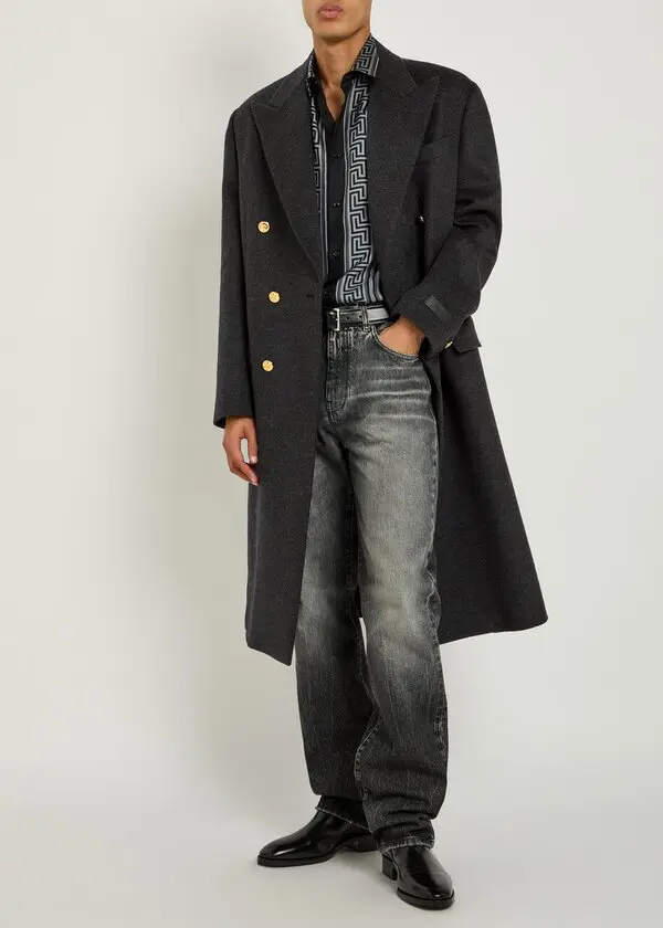 Versace Wool Double-breasted Pea Coat - Dark Grey