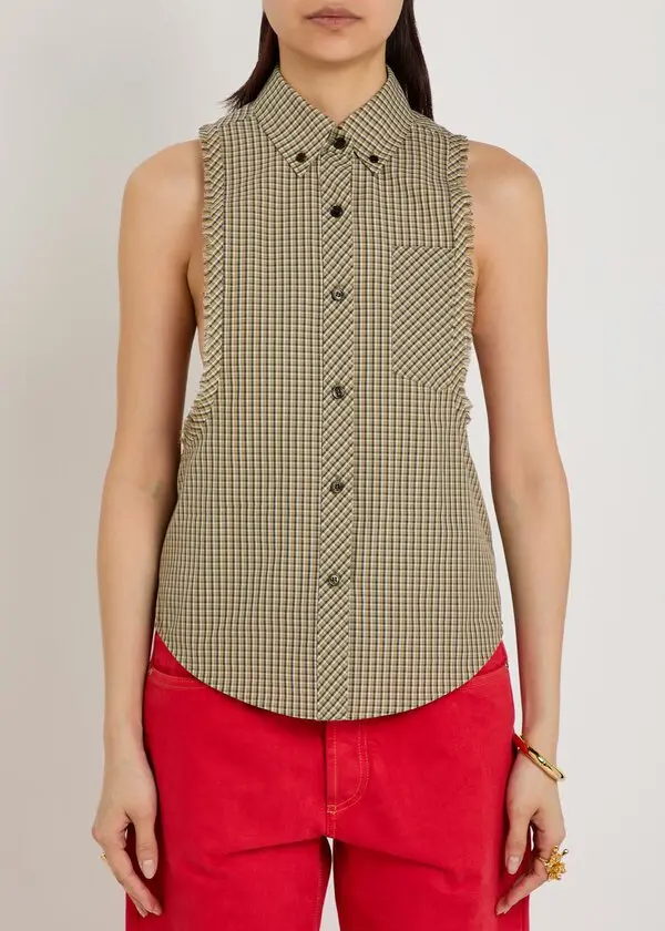 Versace Checked Cotton Sleeveless Shirt - Sand