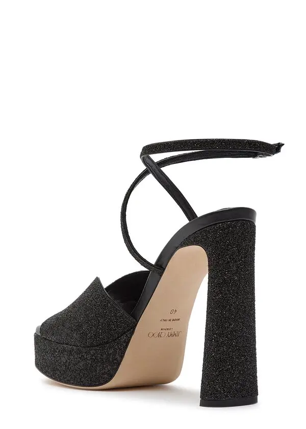 JIMMY CHOO Karli 125 Glitter Leather Platform Sandals - Black